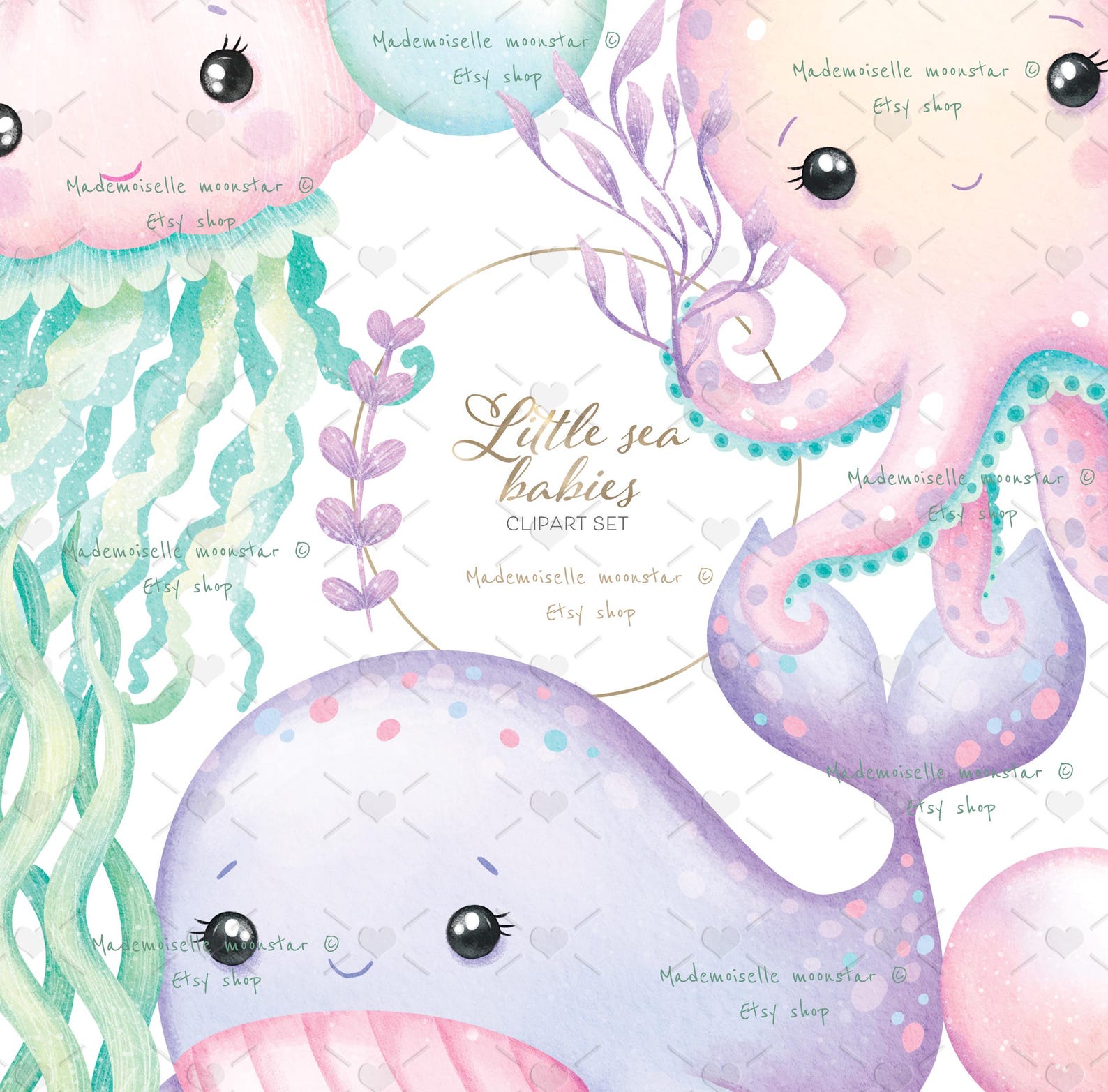 Cute Pastel Sea Animals Clipart Set. Rainbow Sea Babies. Turtle ...