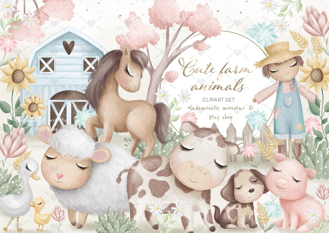 Cute Farm Animals Clipart. Farm Animals Pig, Cow, Horse, Dog, Sheep ...