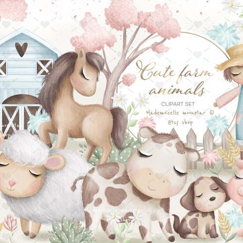 Cute Farm Clipart Farm Animals Watercolor Digital Clipart - Etsy