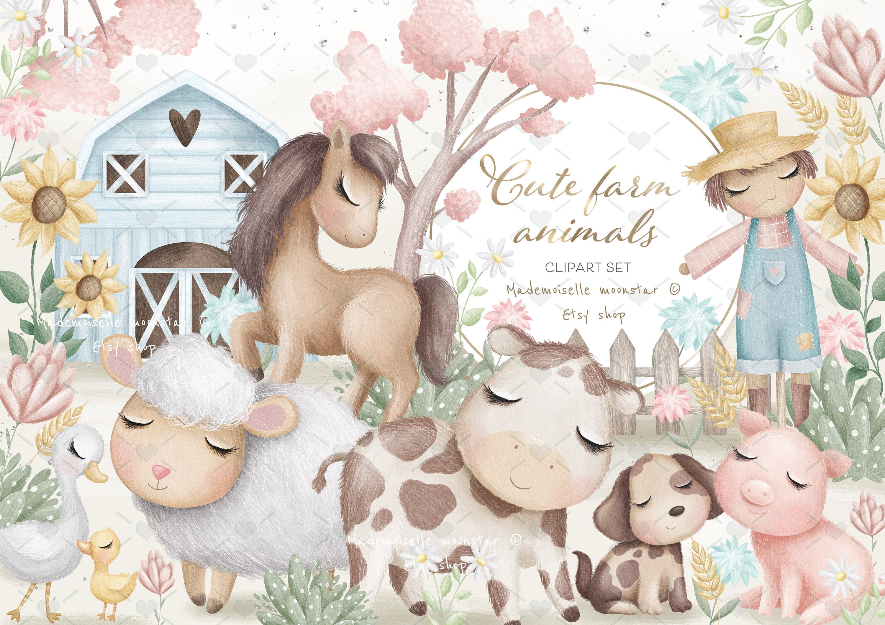 Cute Farm Animals Clipart. Farm Animals Pig, Cow, Horse, Dog, Sheep ...