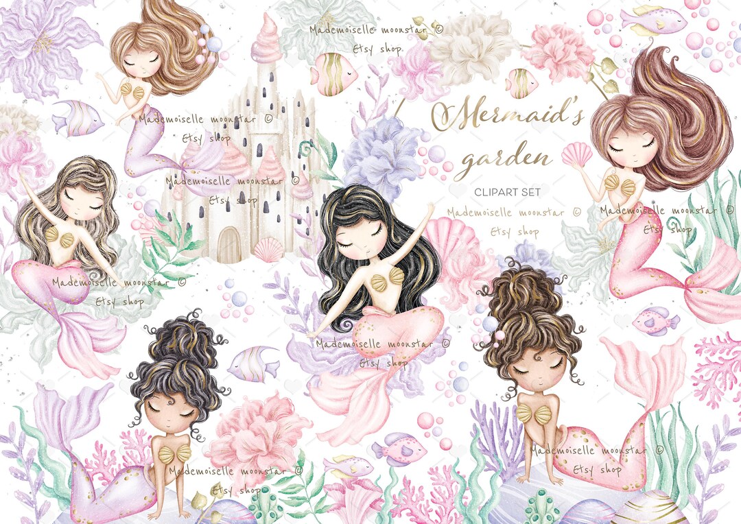 Little Mermaids Garden. Spring Garden. Pink Mermaid. Underwater Clipart ...