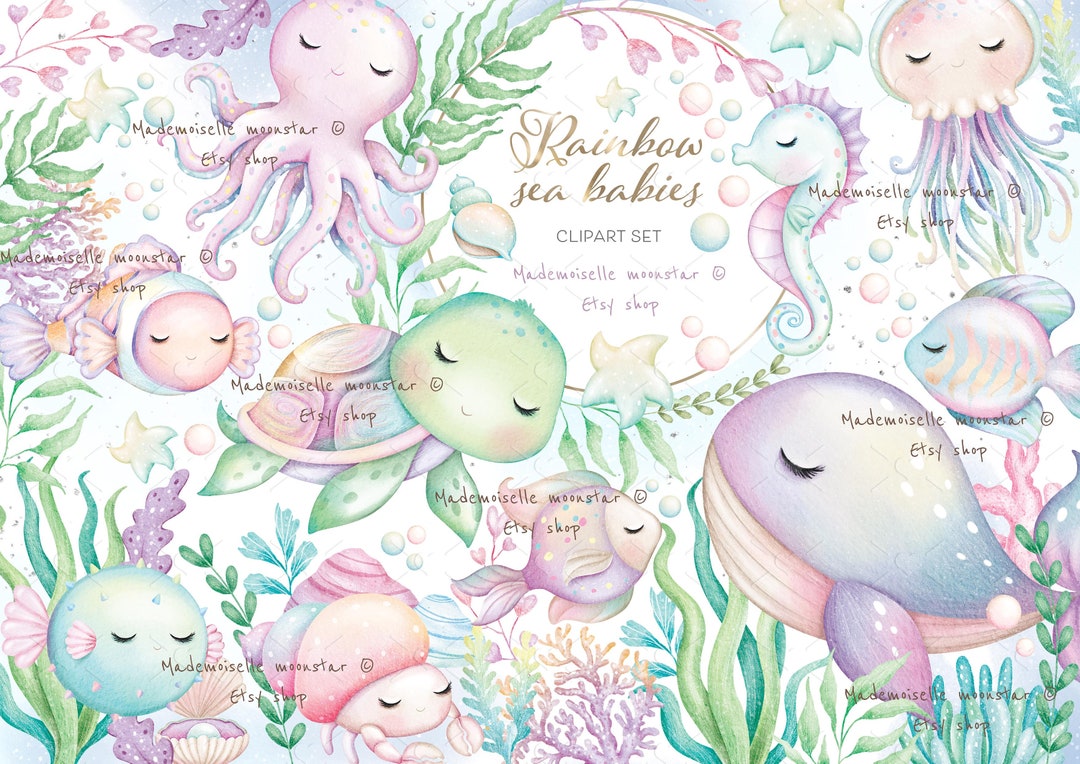 Rainbow Sea Babies Clipart. Cute Sea Creatures Digital PNG Files ...