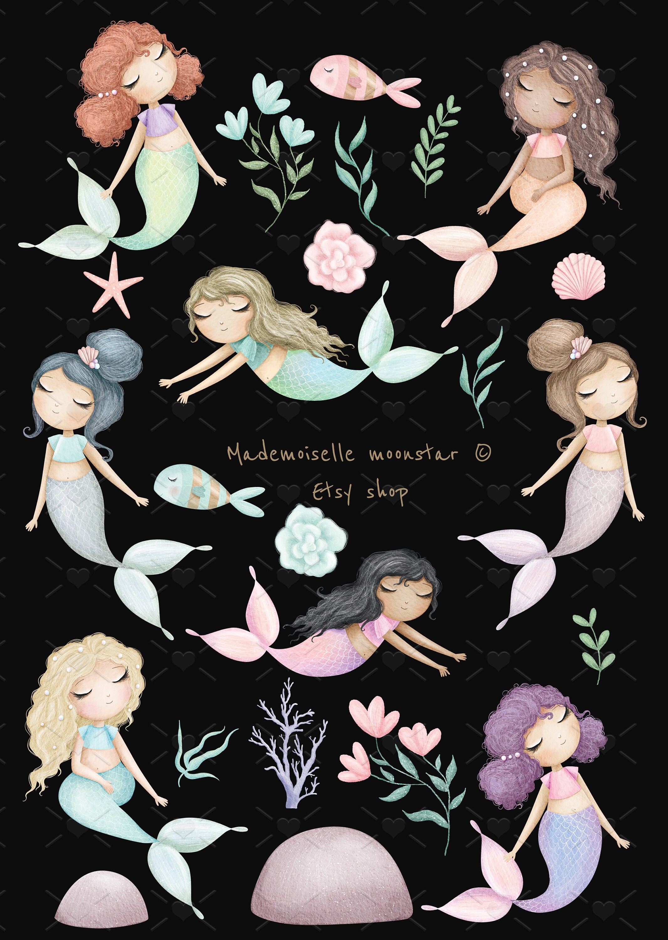 Cute Little Mermaids Clipart Set. Sea Girls Underwater - Etsy