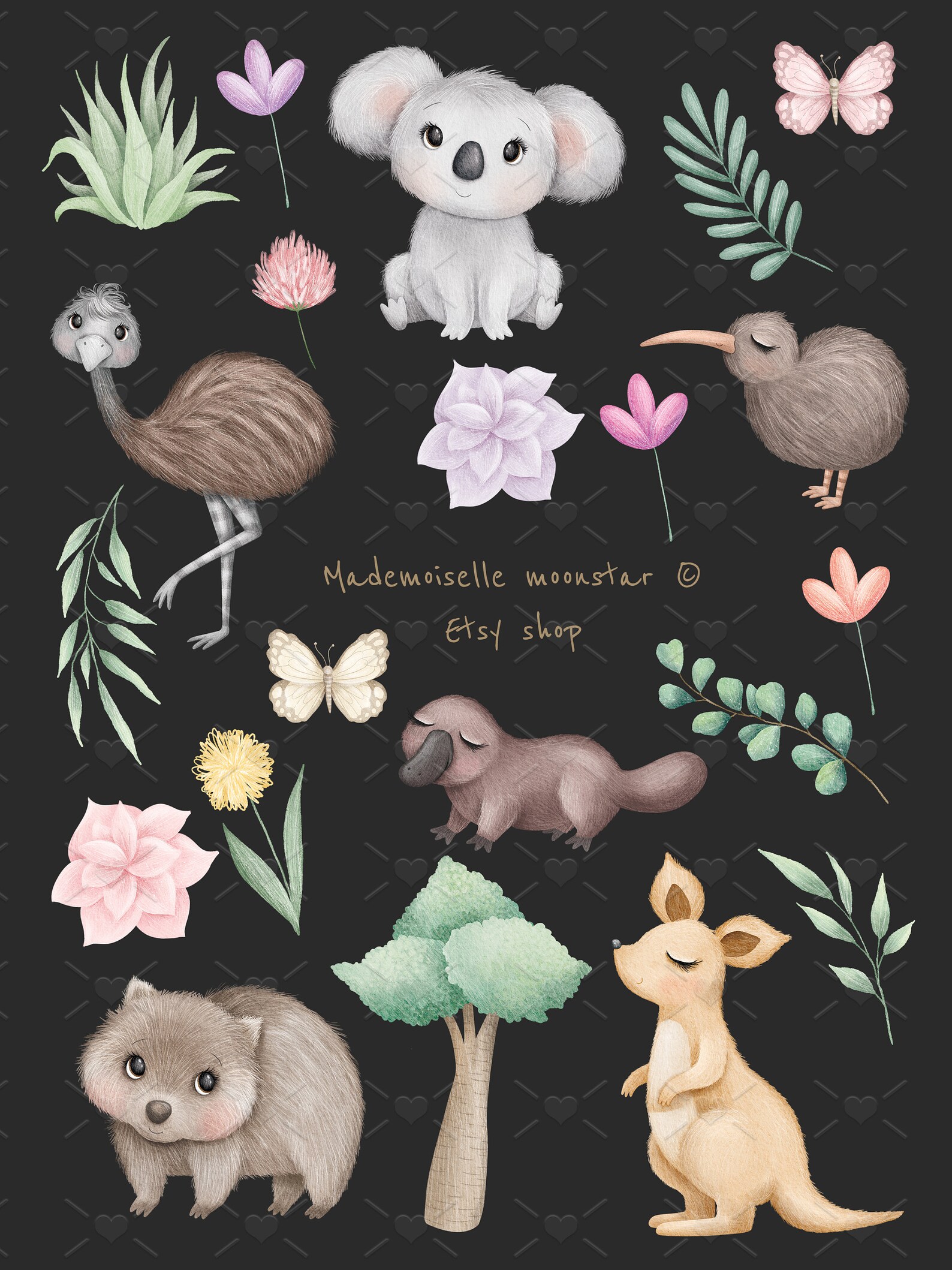 Australian Animals Clipart Set. Cute Koala Kangaroo Wombat | Etsy