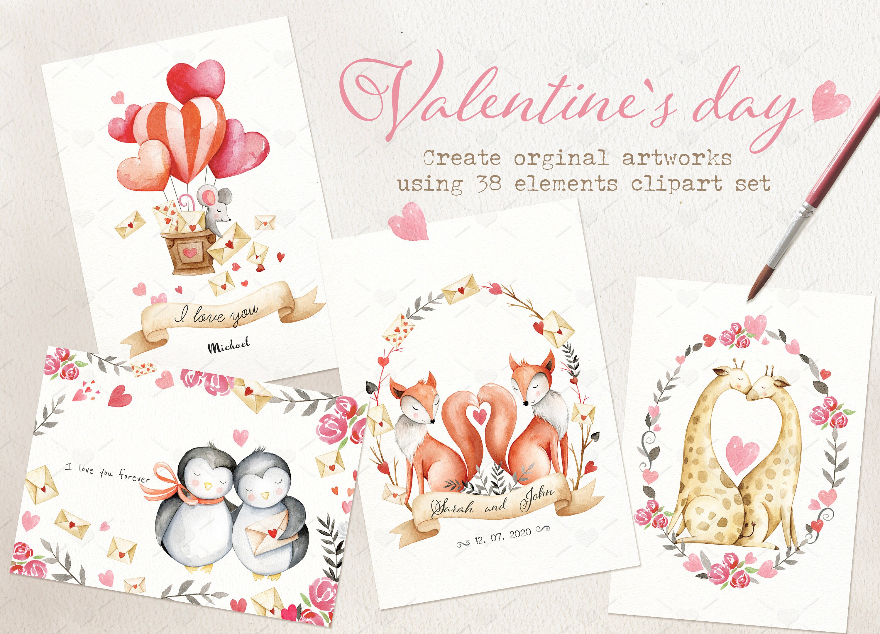 Watercolor Valentine's Day Clipart Love Clipart Set - Etsy