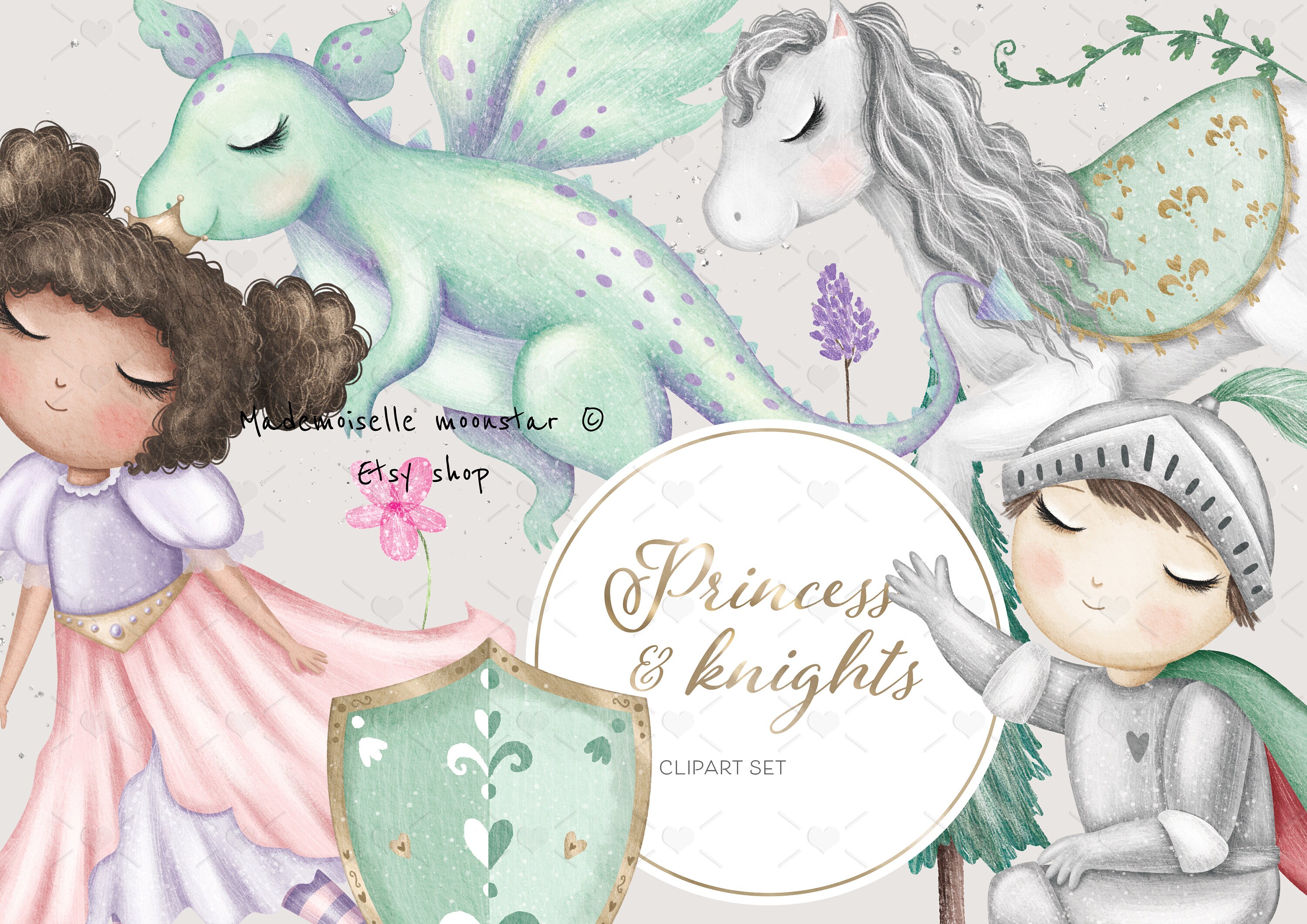 Princesses and Knights Clipart Set. Kingdom Dragon Watercolor - Etsy