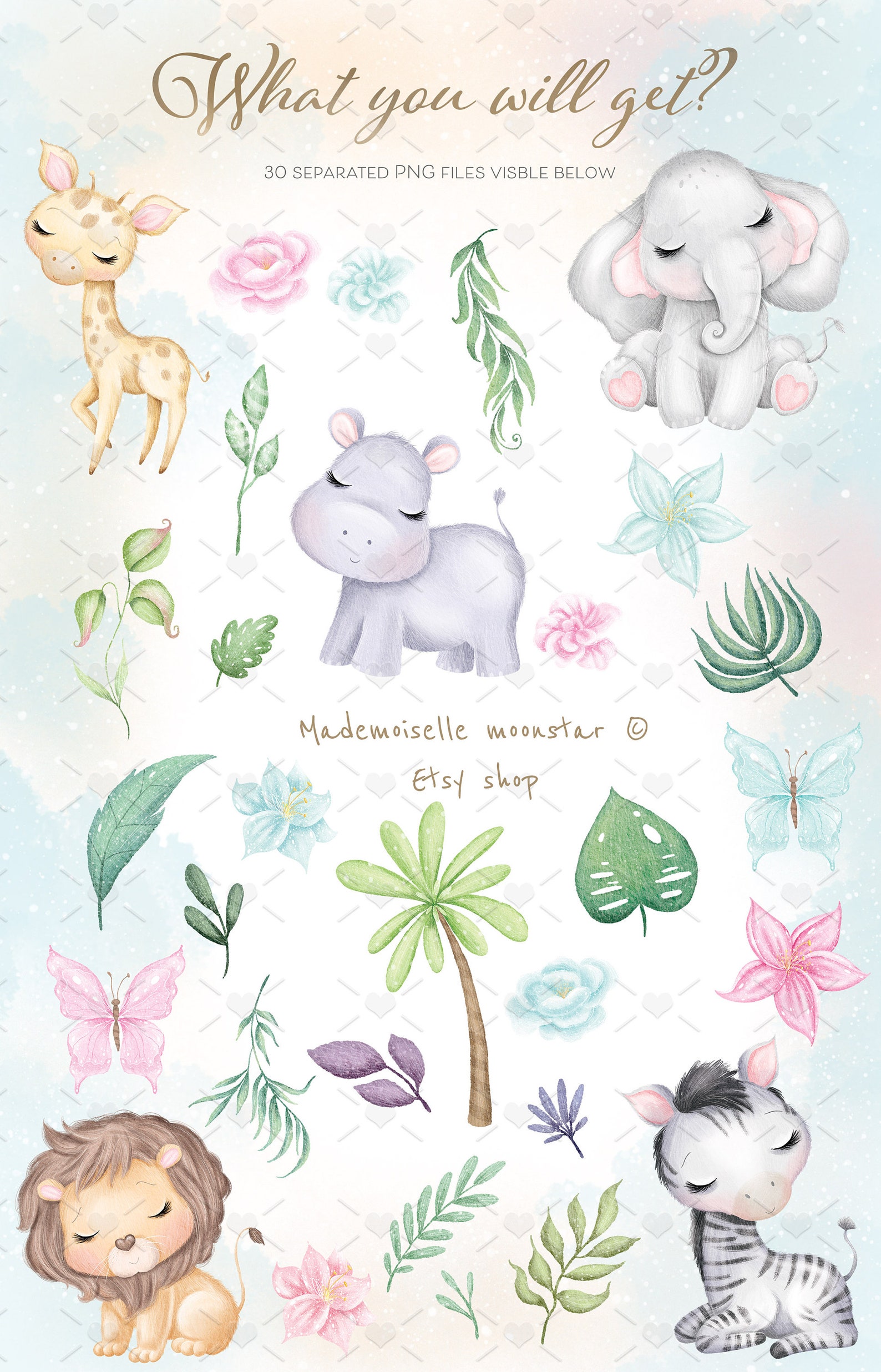 Cute Safari Baby Animals Clipart Set. Lovely Jungle, Lion, Hippopotamus ...