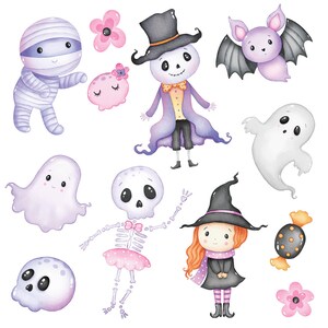 Spooky but Cute Halloween Clipart Set. Witch, Ghost, Skeleton, Monster ...