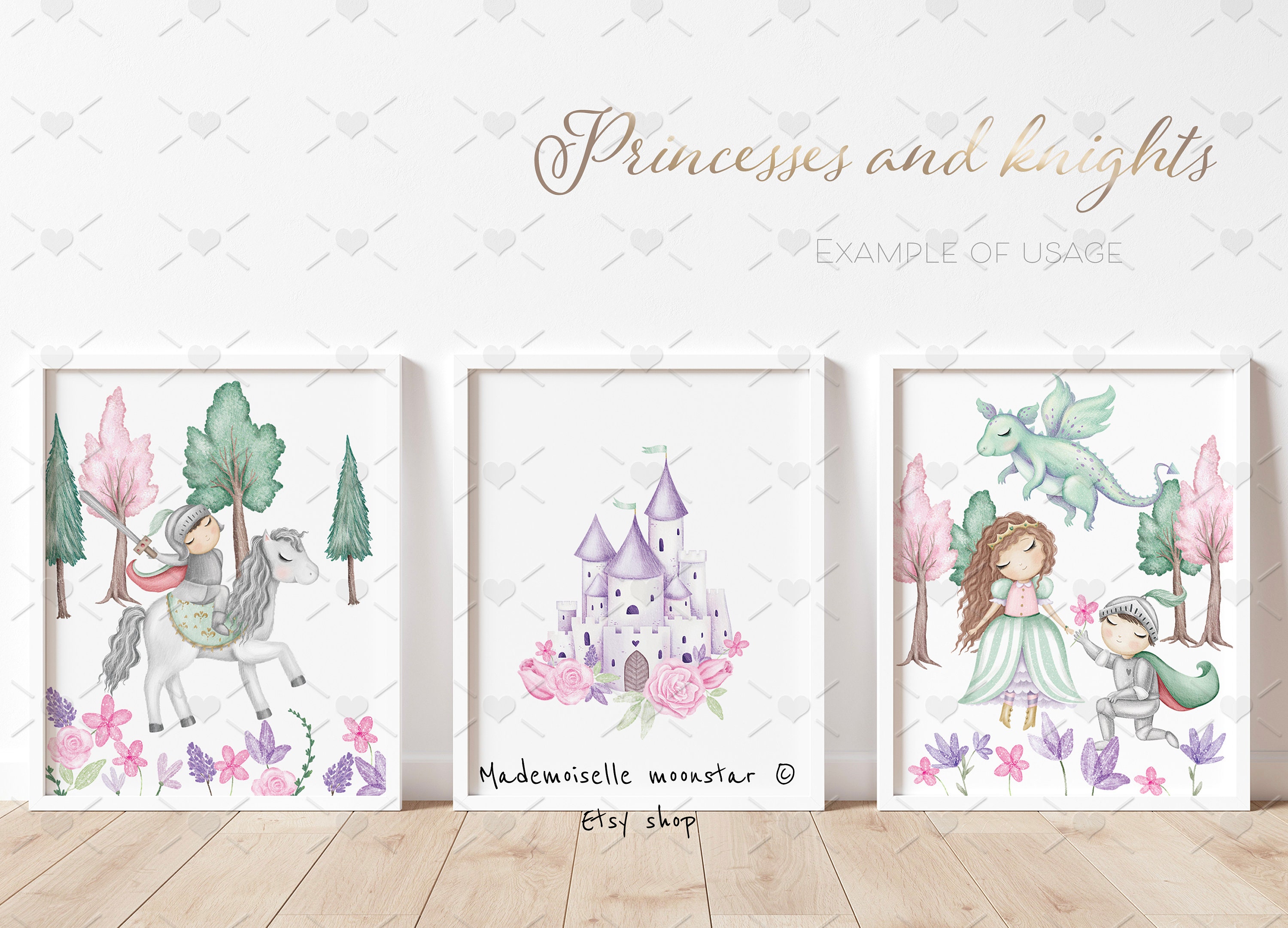 Princesses and Knights Clipart Set. Kingdom Dragon Watercolor - Etsy