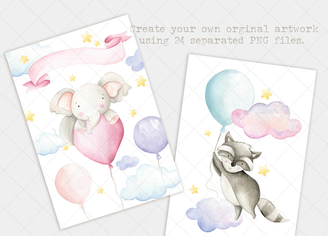 Animals With Balloons Watercolor Clipart Kids Clipart - Etsy