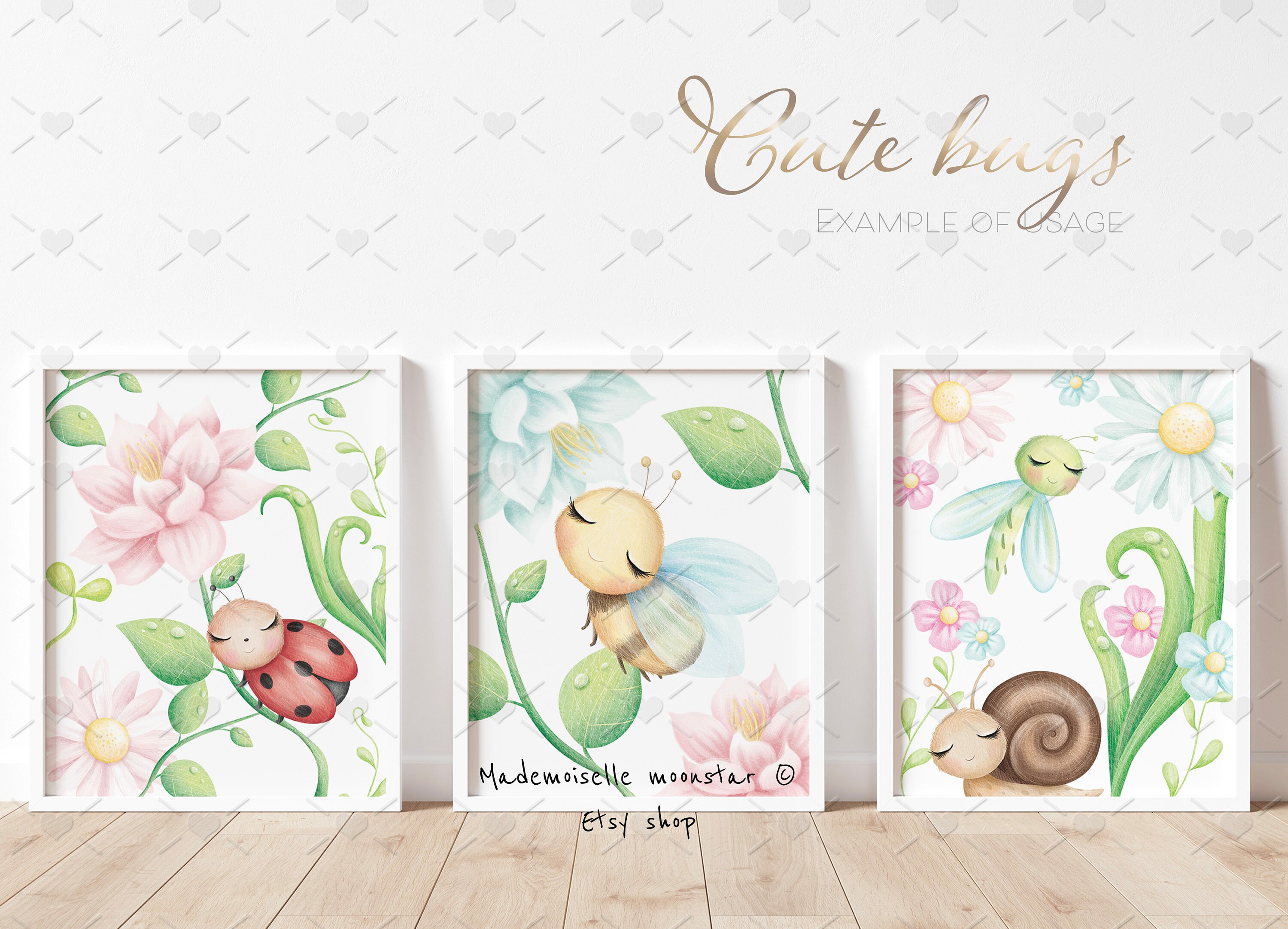 Cute Bugs Clipart Set. Bee, Ladybug, Caterpillar, Snail, Butterfly ...