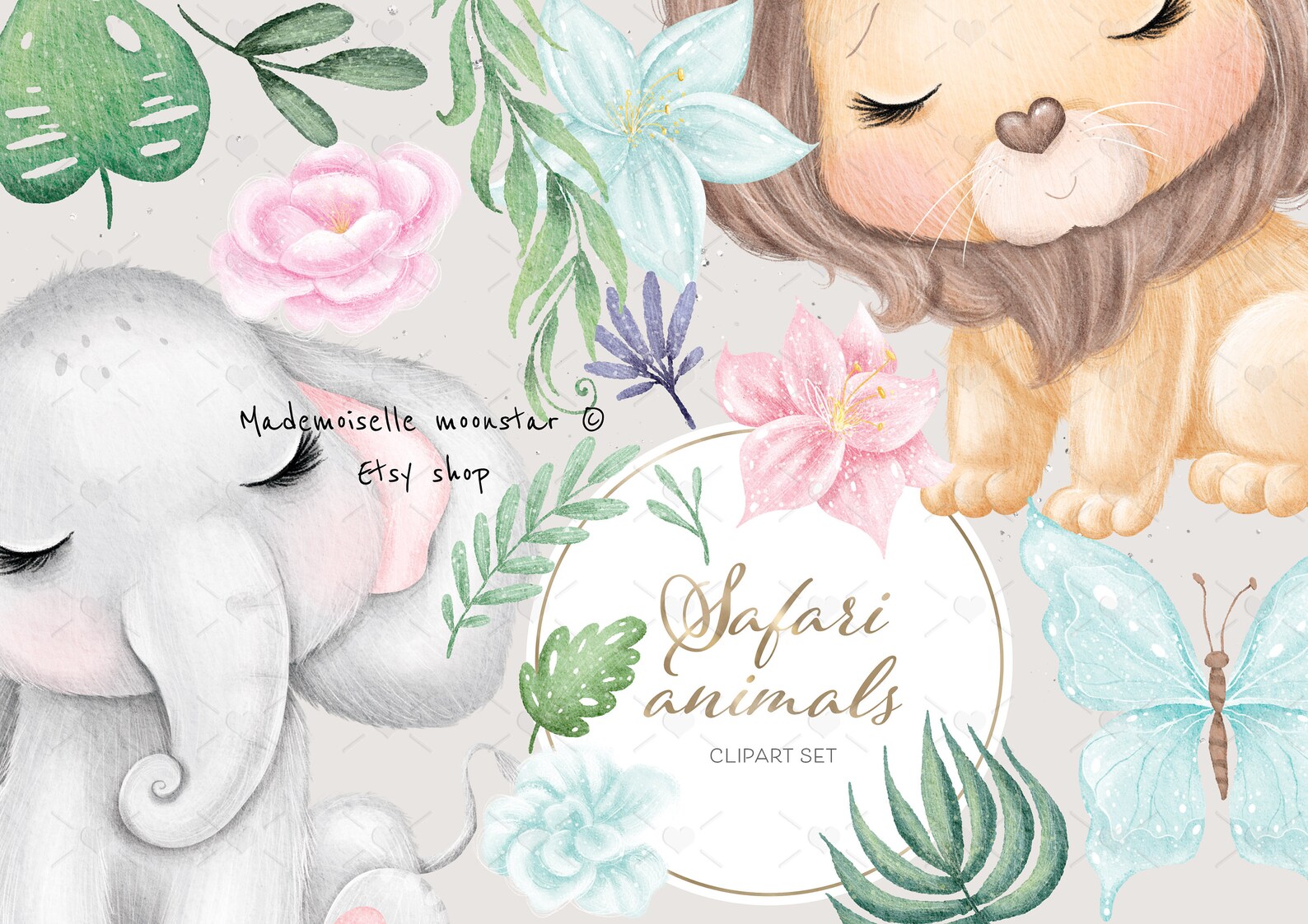 Cute Safari Baby Animals Clipart Set. Lovely Jungle, Lion, Hippopotamus ...