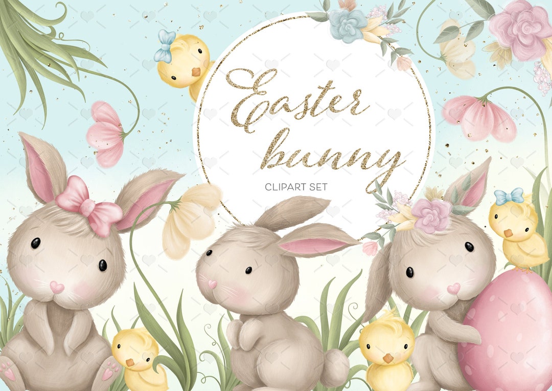 Easter Bunny and Chicken Clipart. Cute Bunny Clipart. Spring Bunny ...
