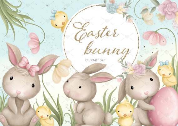 Easter Bunny and chicken Clipart. Cute bunny clipart. Spring | Etsy