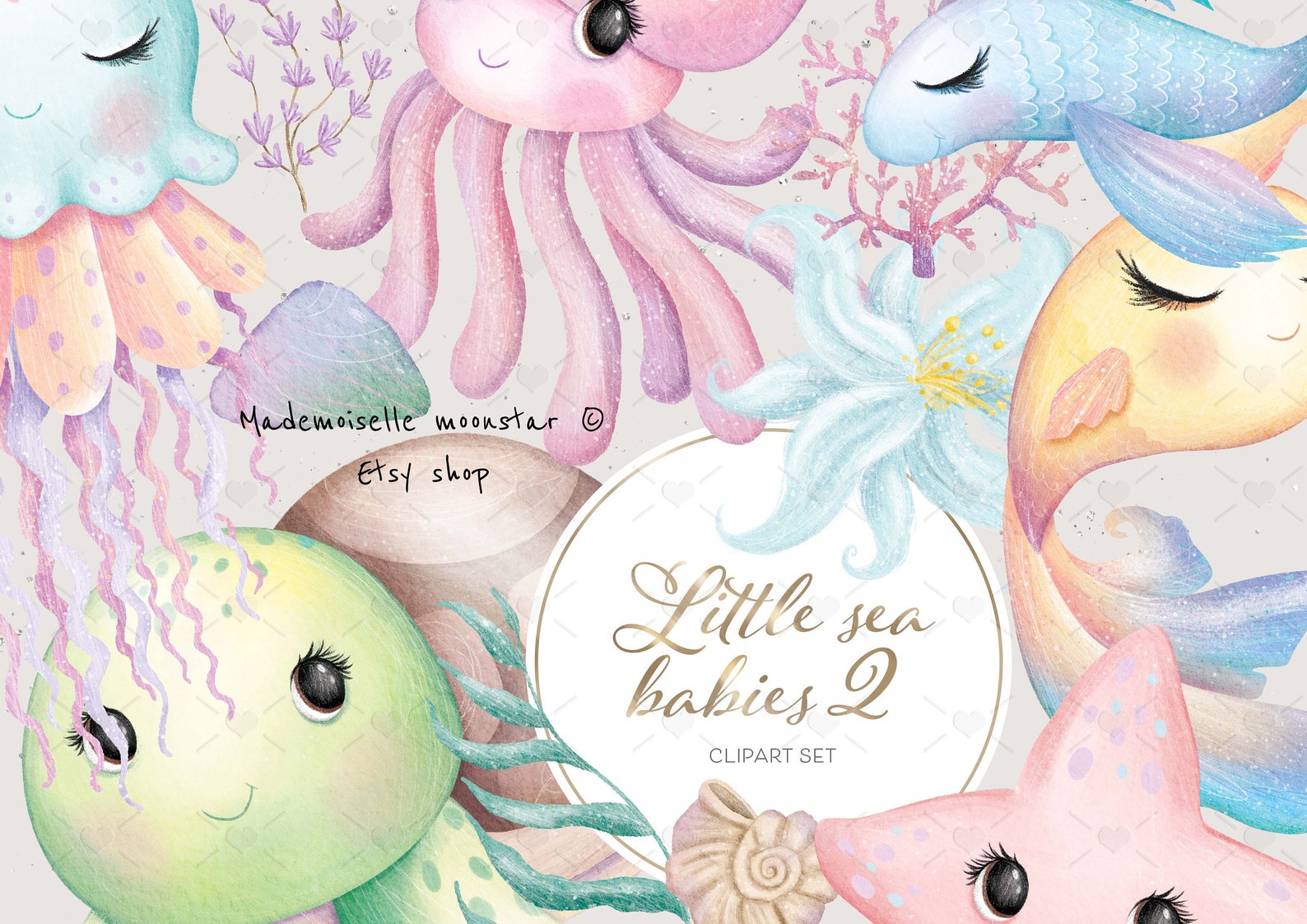Little Sea Animals Clipart - Part 2. Cute Sea Creatures Digital PNG ...