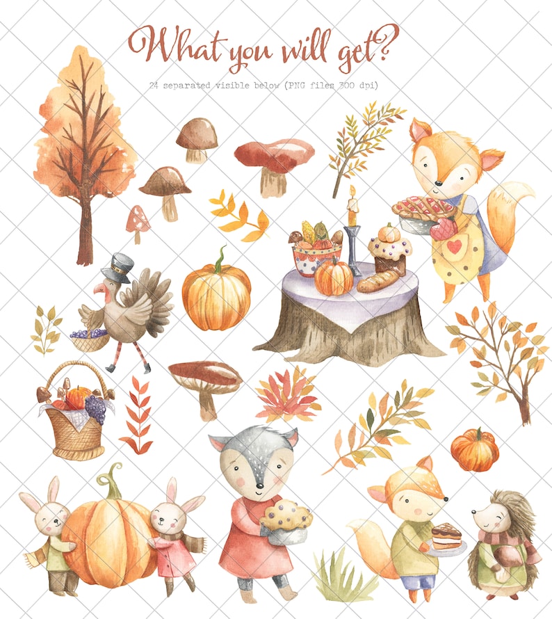 Watercolor Thanksgiving Clipart Set Forest Animals Turkey - Etsy
