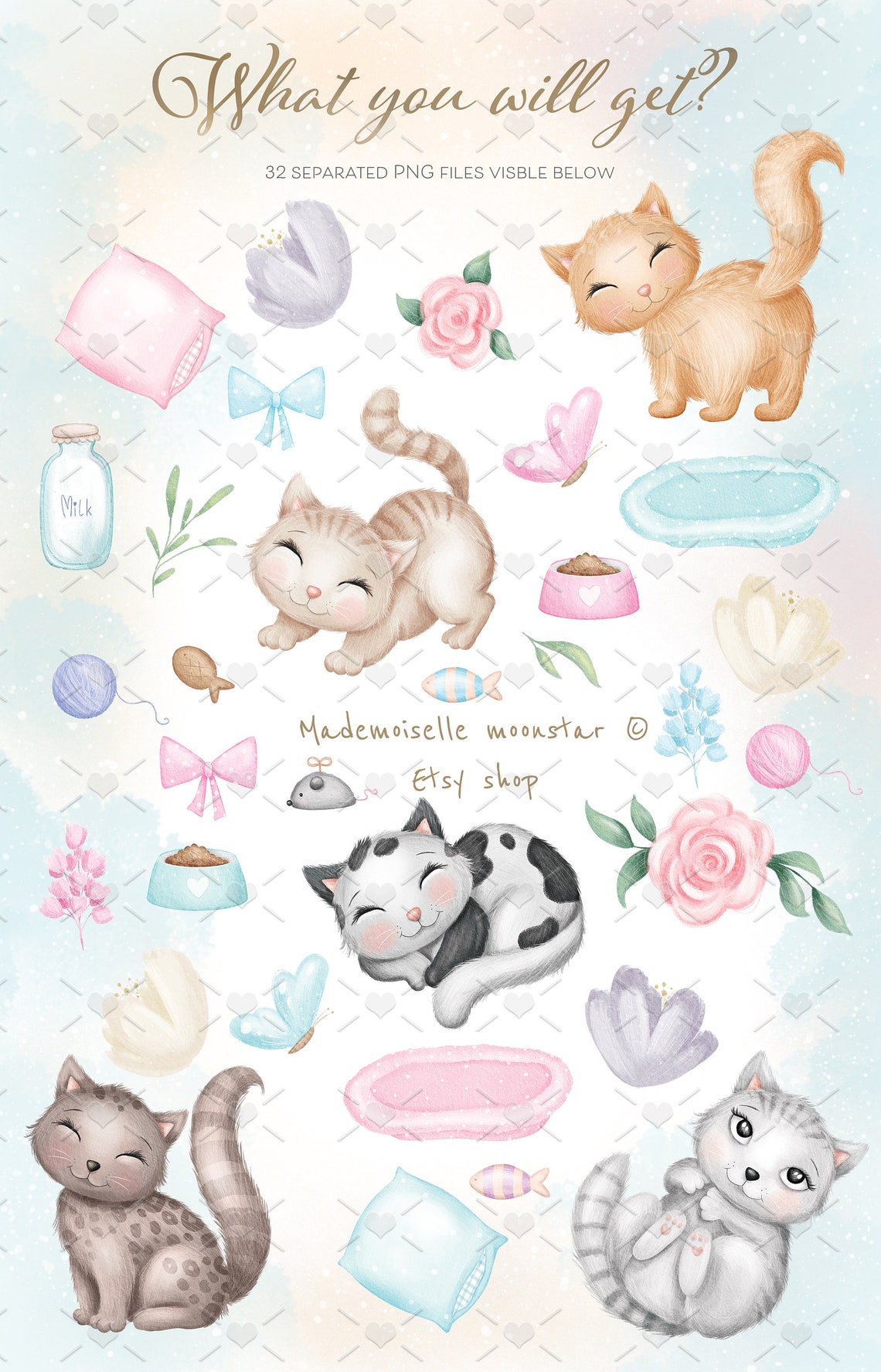 Cute Cats Clipart Set. Kittens Kitty Digital Clipart. - Etsy