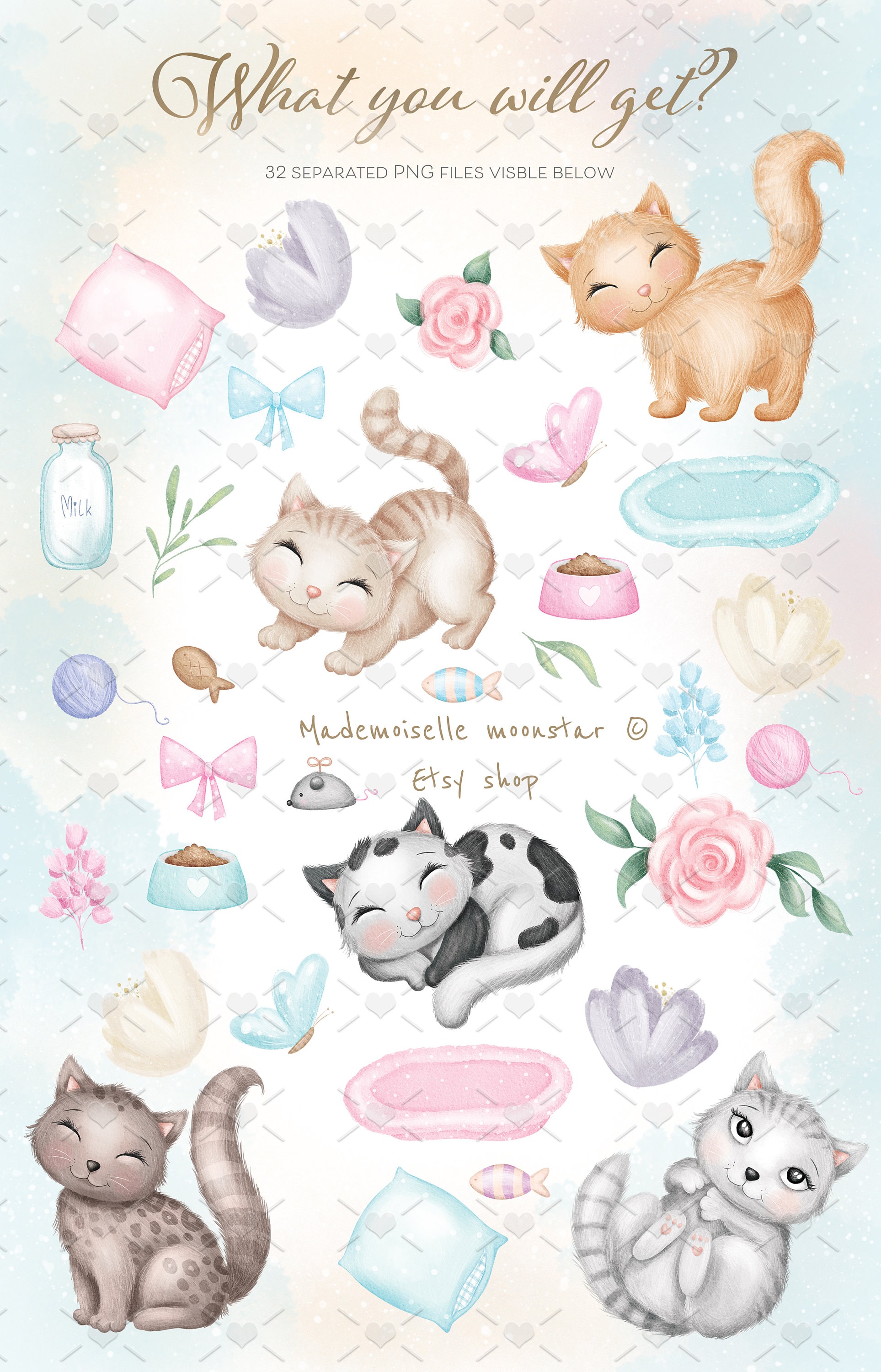 Cute Cats Clipart Set. Kittens, Kitty Digital Clipart. Watercolor Cute ...