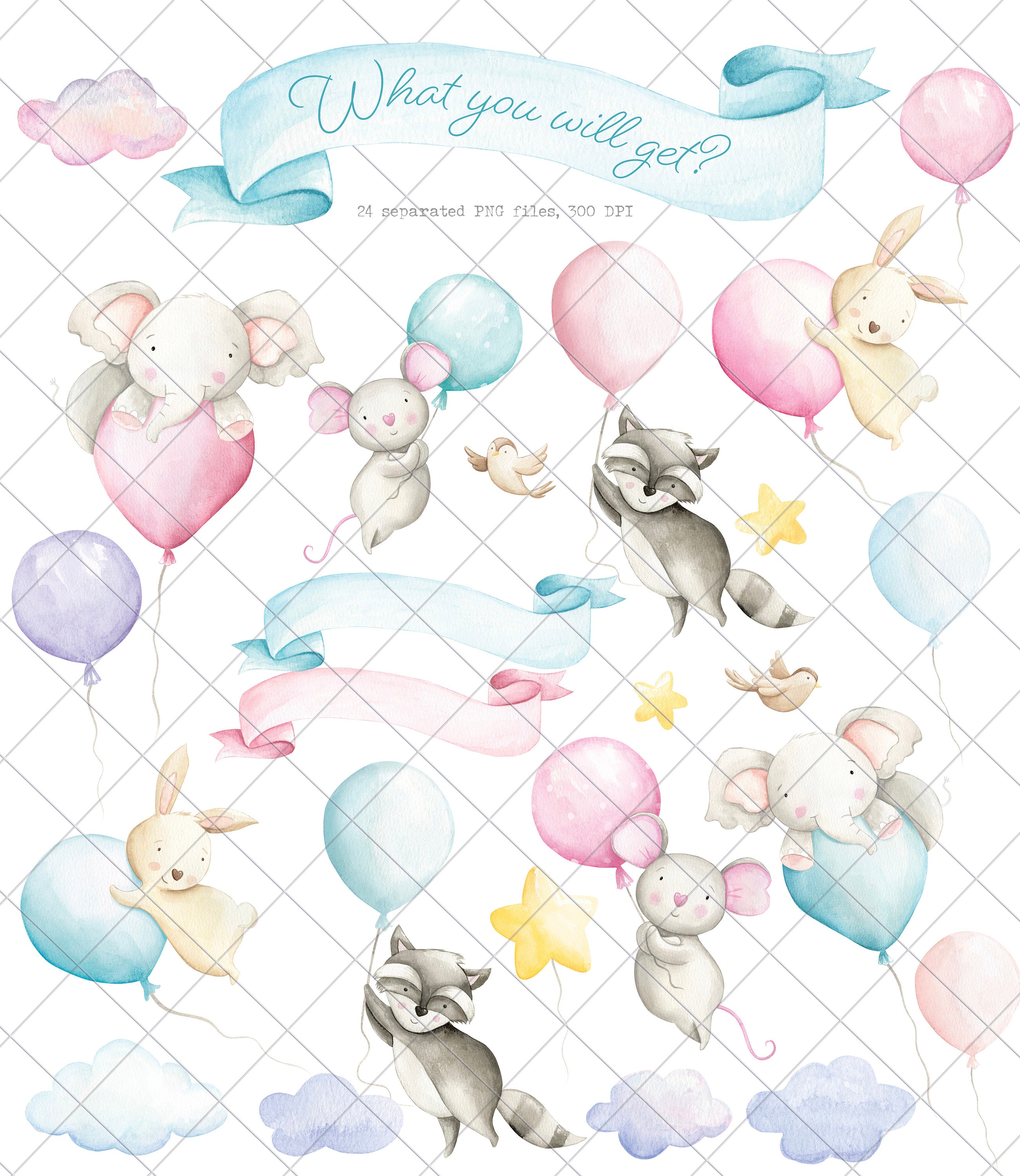 Animals With Balloons Watercolor Clipart Kids Clipart - Etsy