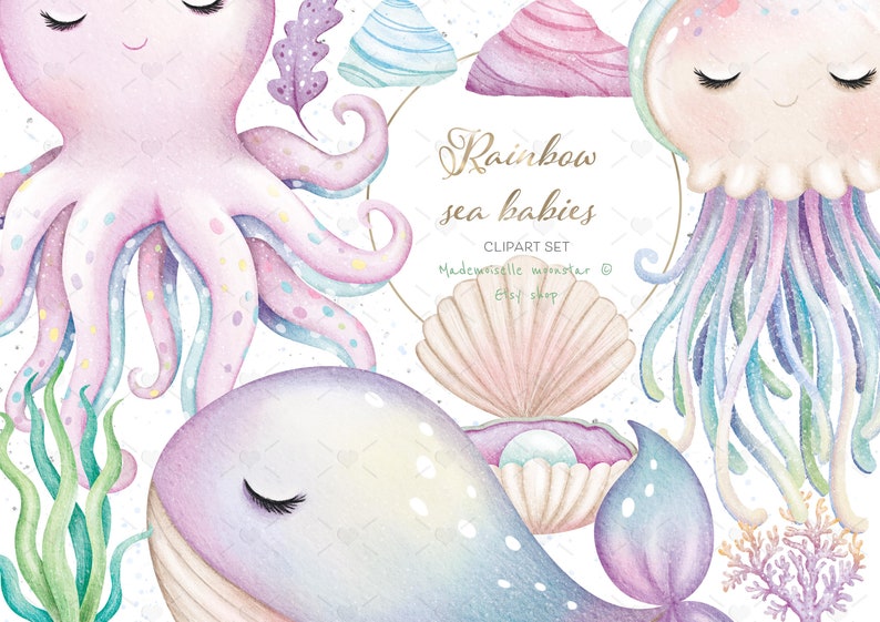 Rainbow Sea Babies Clipart. Cute Sea Creatures Digital PNG Files ...