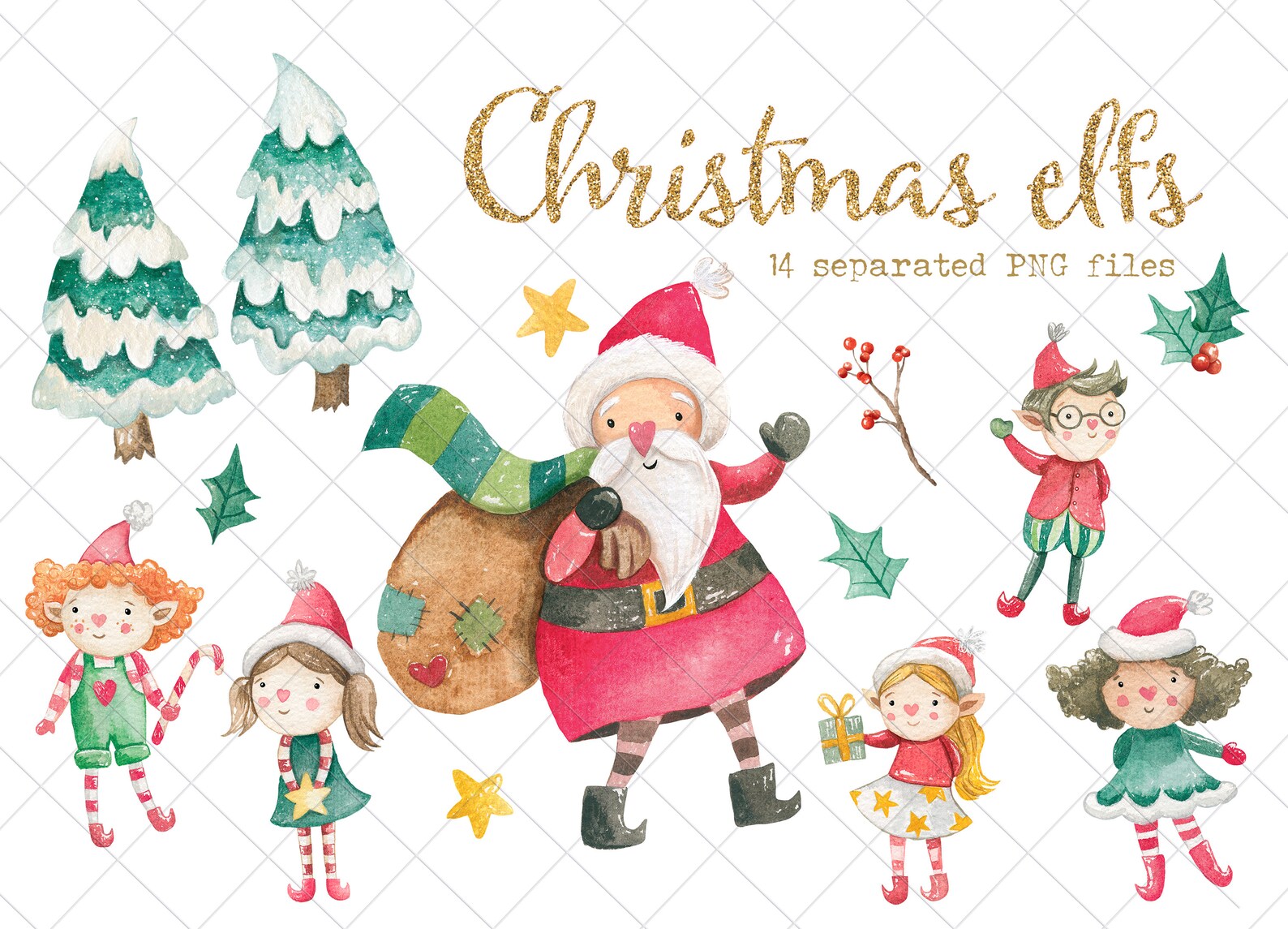 Christmas Watercolor Clipart Set Santa and Elf Xmas Clipart - Etsy