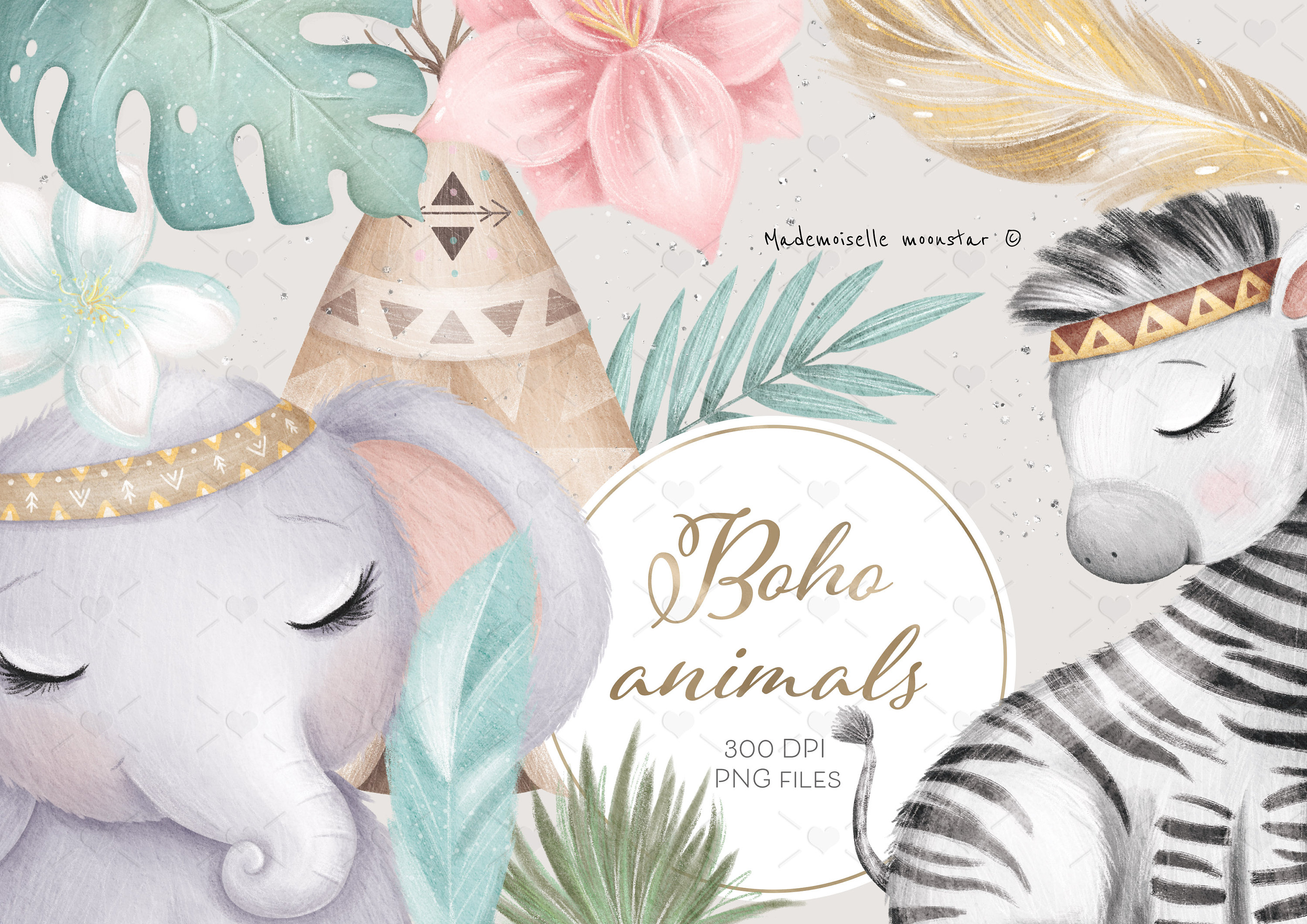 Boho Nursery Cute Clipart Set. Tribal Jungle Animals PNG Files. Safari ...