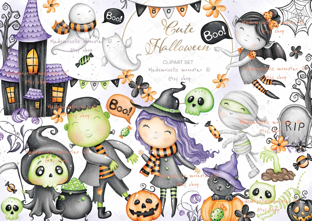 Cute Halloween Clipart Set. Witch, Haunted House, Ghost, Black Cat ...