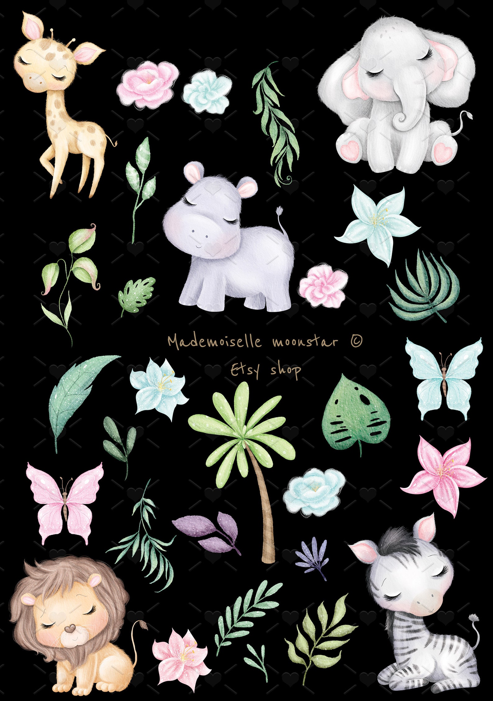 Cute Safari Baby Animals Clipart Set. Lovely Jungle, Lion, Hippopotamus ...