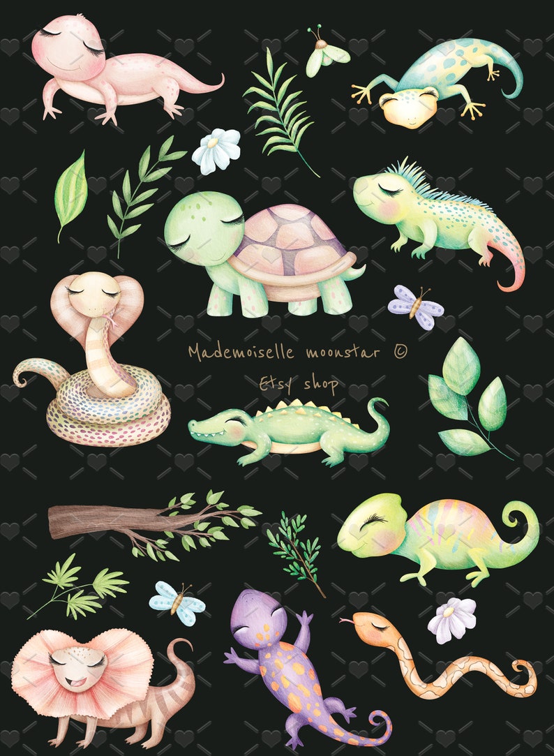 Cute Reptiles Clipart Set. Lizard Snake Turtle Crocodile | Etsy