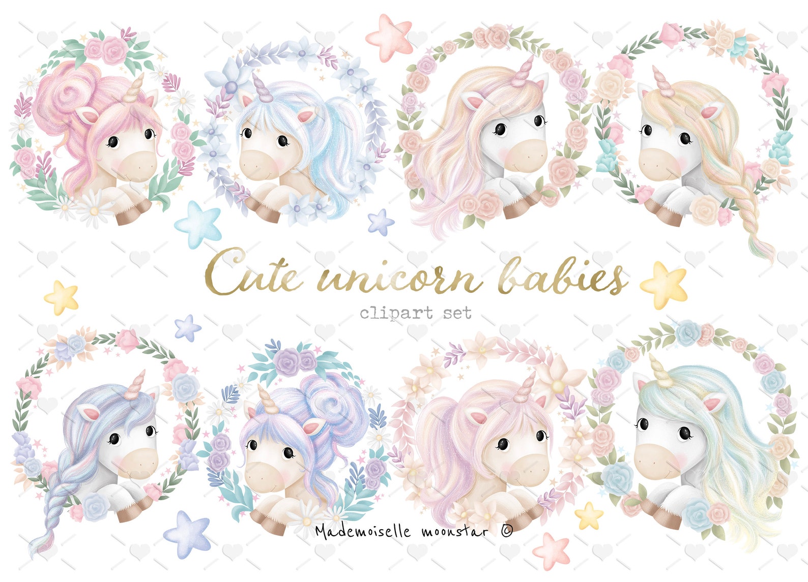 Cute Unicorn Babies Clipart Set. Unicorn Png Files. 300 DPI Commercial ...