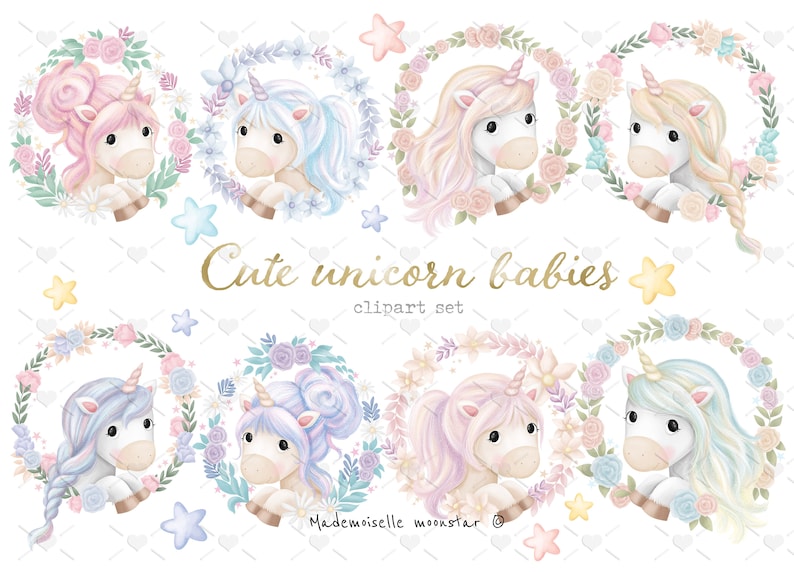 Cute Unicorn Babies Clipart Set. Unicorn Png Files. 300 DPI Commercial ...