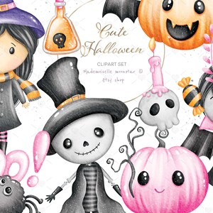 Cute, Pink Halloween Clipart. Ghost, Witch, Monster, Sceleton, Black ...