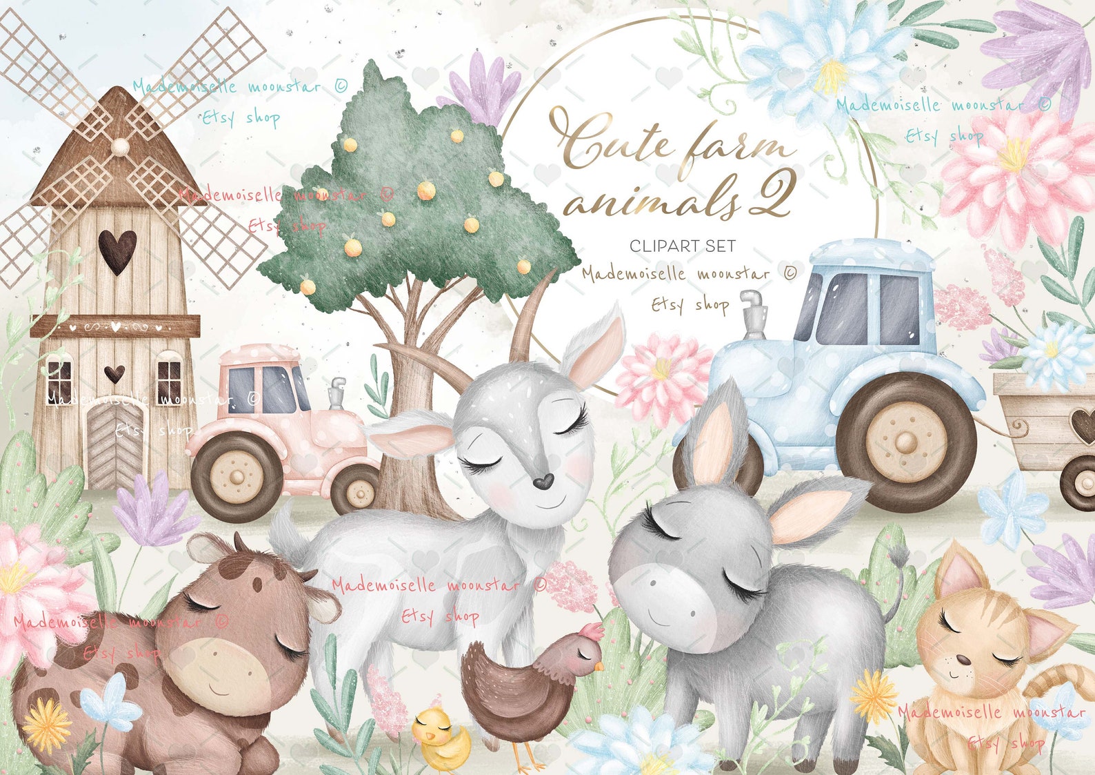 Cute Farm Animals Part 2 Clipart Set. Donkey, Cow, Goat, Cat, Pink and ...