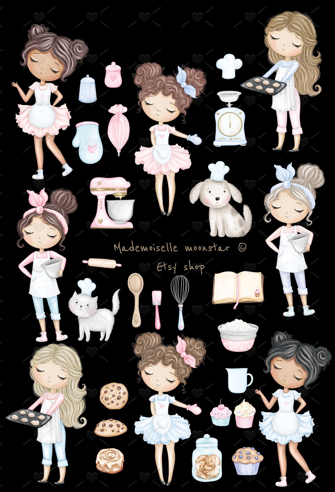 Baker Girls Clipart Set. Bakery, Sweets, Cookies, Kitchen PNG ...