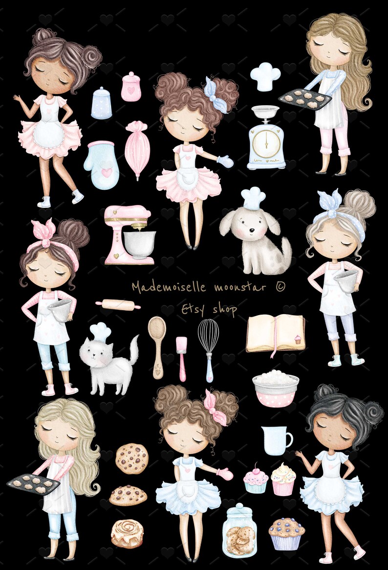 Baker Girls Clipart Set. Bakery, Sweets, Cookies, Kitchen PNG ...