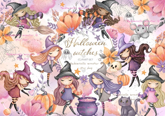 Halloween Witches Clipart Set. Spooky Halloween Witch Bat - Etsy