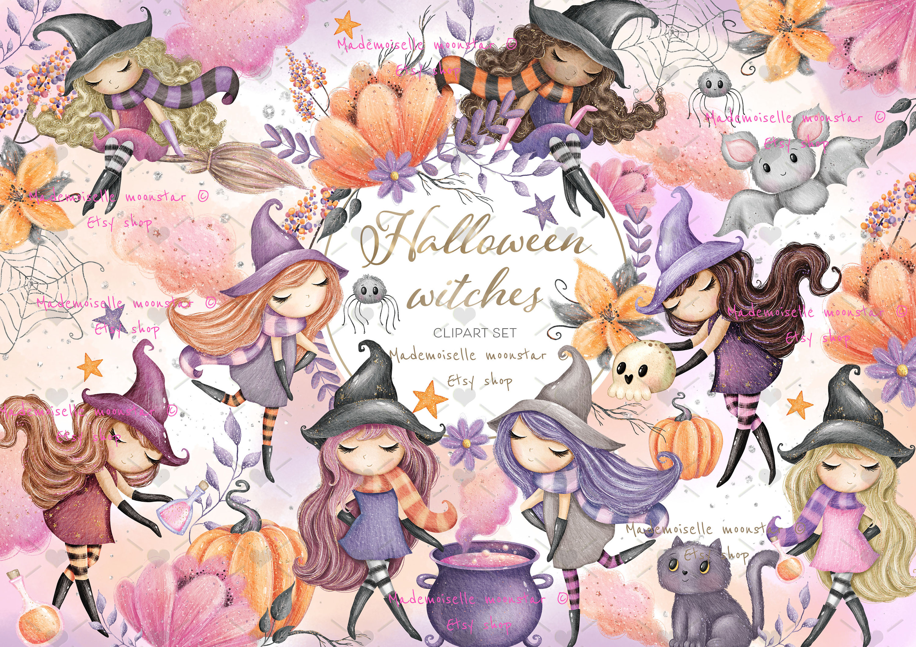 Halloween Witches Clipart Set. Spooky Halloween Witch Bat - Etsy