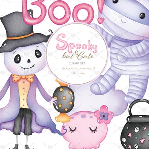Spooky but Cute Halloween Clipart Set. Witch, Ghost, Skeleton, Monster ...