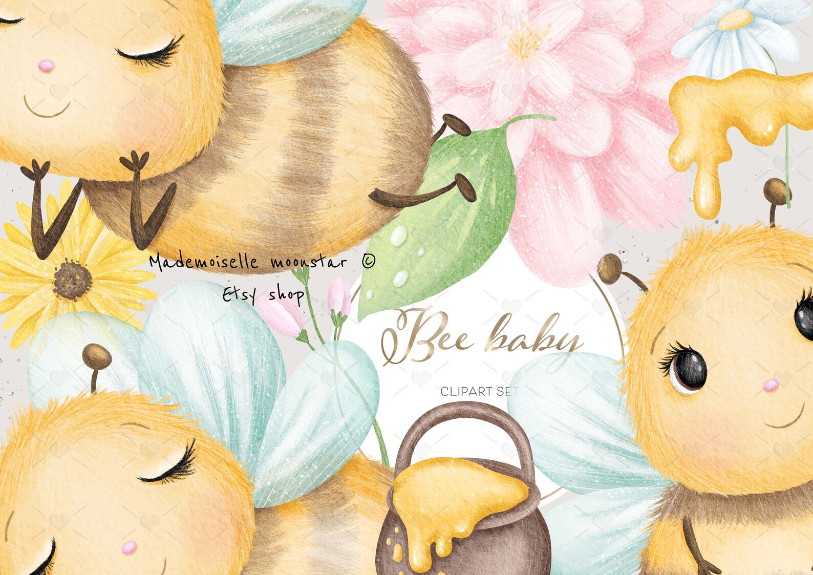 Bee and Honey Clipart Set. Cute Baby Bee Honey Flowers 300 - Etsy