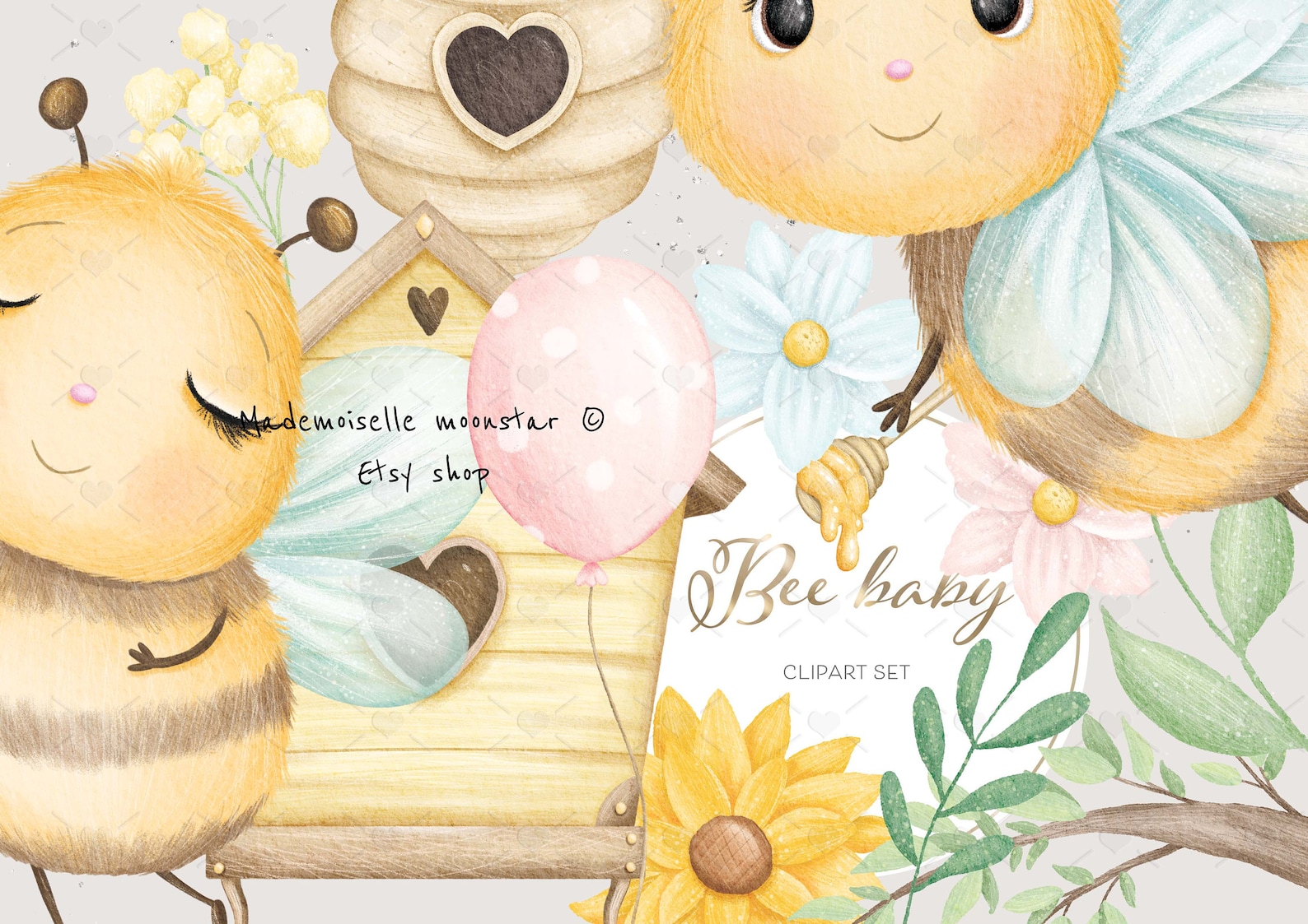 Bee and Honey Clipart Set. Cute Baby Bee Honey Flowers 300 - Etsy