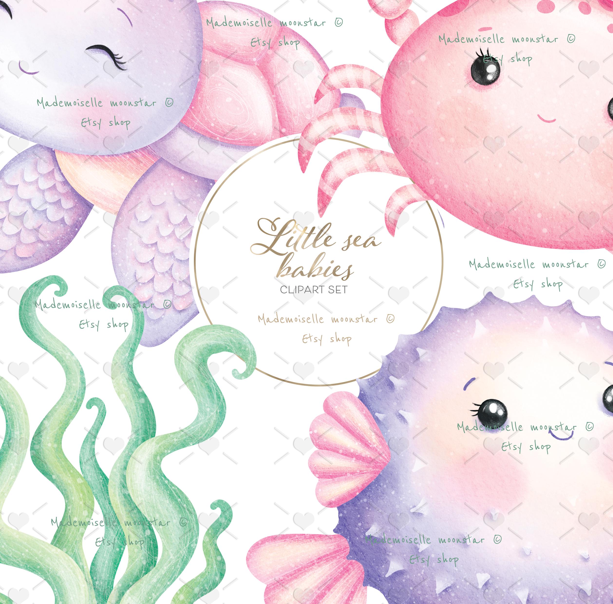 Cute Pastel Sea Animals Clipart Set. Rainbow Sea Babies. Turtle ...