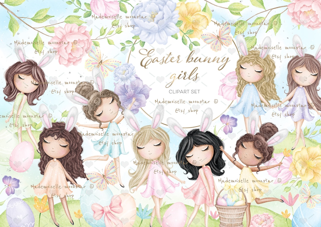 Easter Bunny Girls Clipart Set. Spring Clipart. PNG Files - Commercial ...