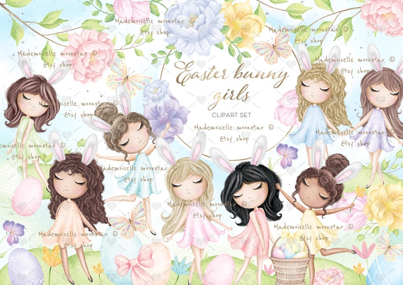 Easter Bunny Girls Clipart Set. Spring Clipart. PNG Files - Etsy