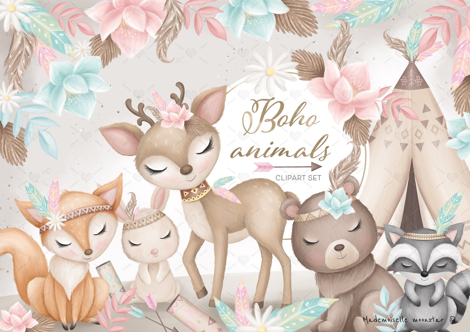 Boho Nursery Cute Clipart Set. Tribal Woodland Animals PNG Files ...