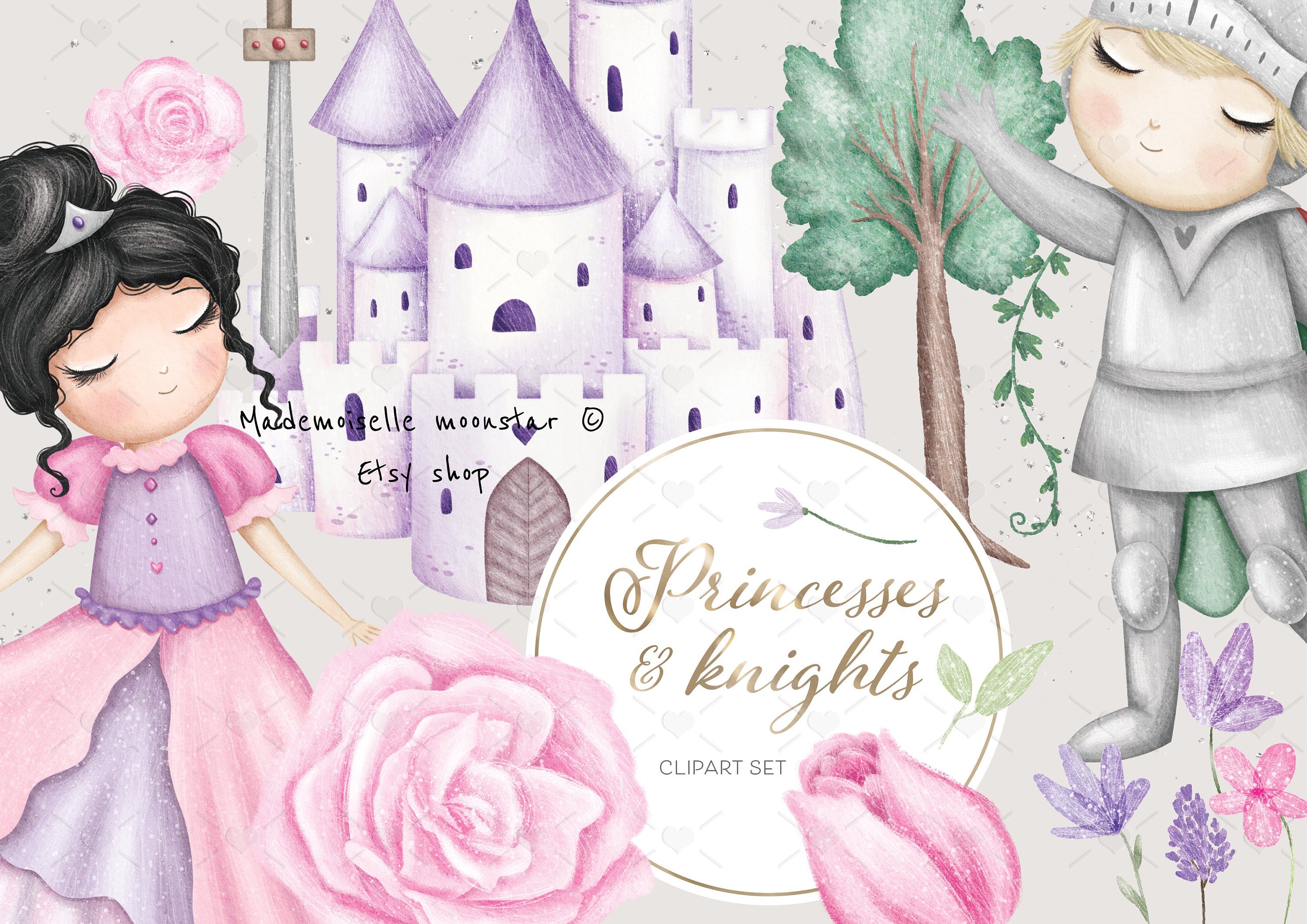 Princesses and Knights Clipart Set. Kingdom Dragon Watercolor - Etsy