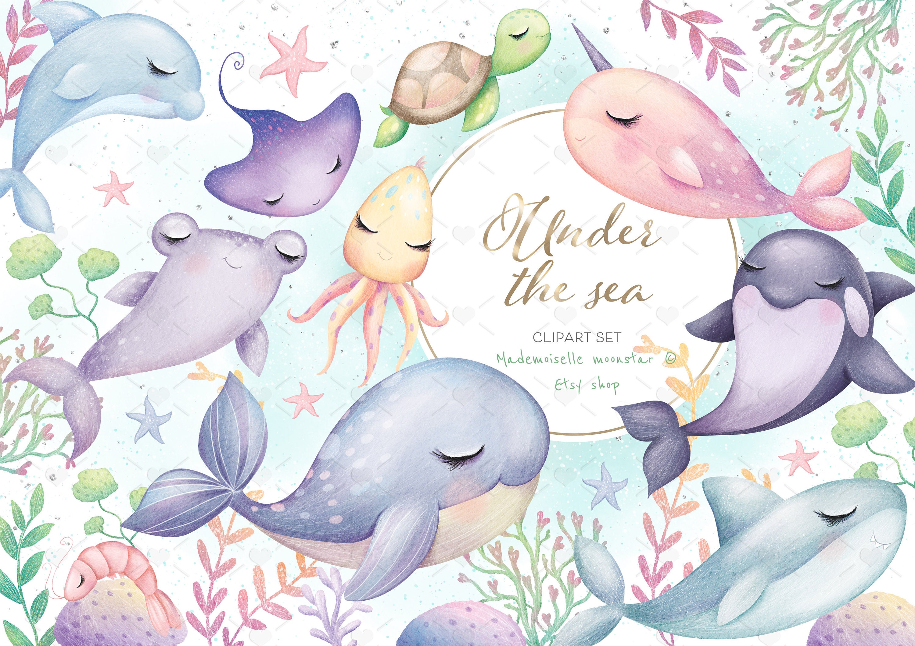 Under the sea Clipart Set. Cute sea animals whale dolphin | Etsy