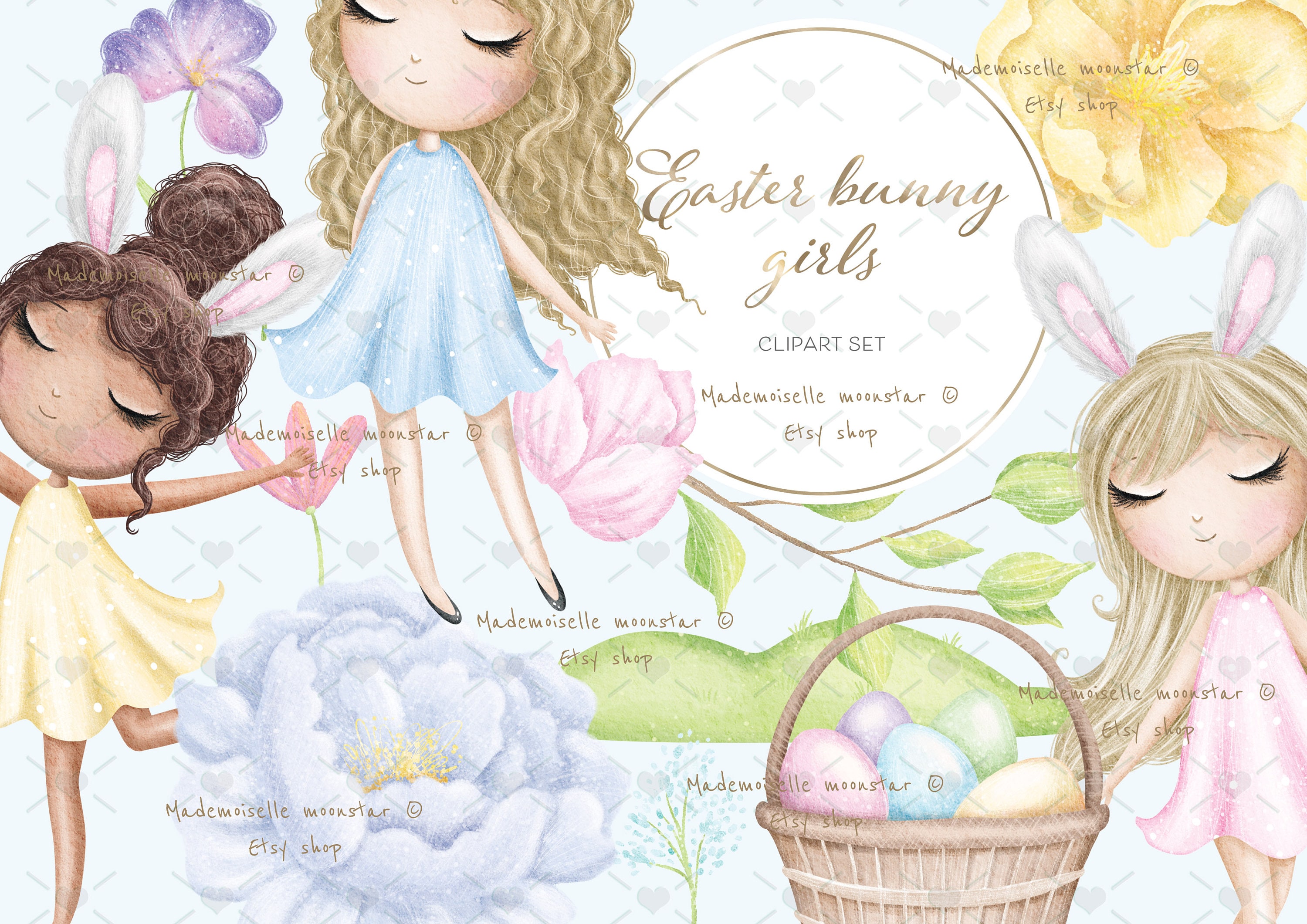 Easter Bunny Girls Clipart Set. Spring Clipart. PNG Files - Etsy