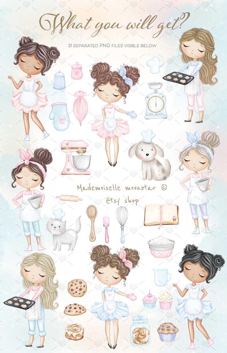 Baker Girls Clipart Set. Bakery, Sweets, Cookies, Kitchen PNG ...