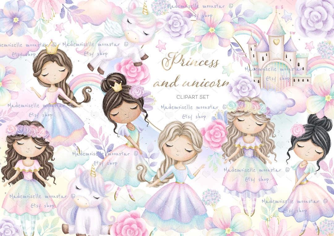 Princesses and Unicorn Clipart Set. Princess, Pony, Castle, Clouds ...
