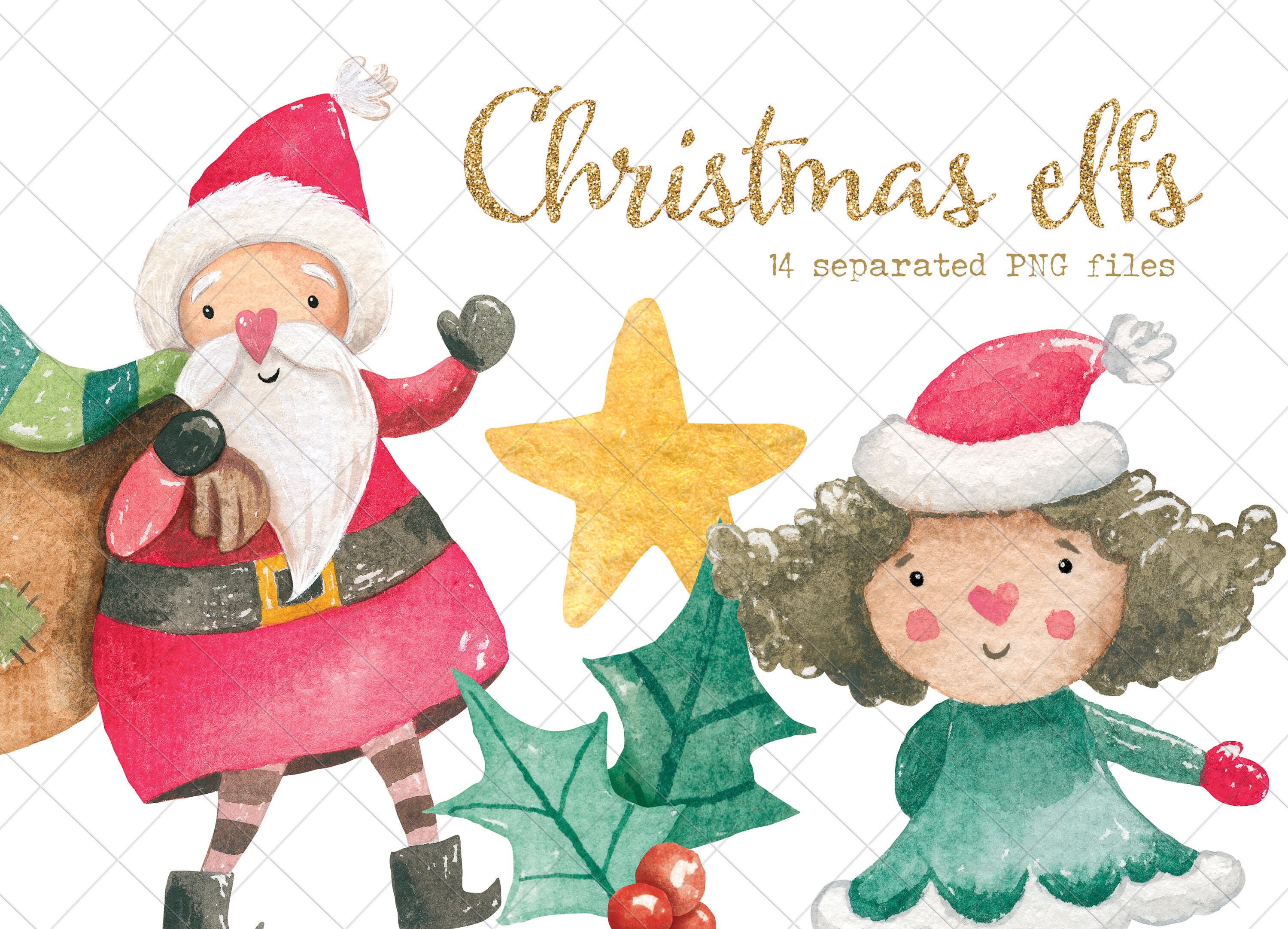Christmas Watercolor Clipart Set Santa and Elf Xmas Clipart - Etsy